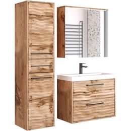Badm&ouml;bel-Set Welltime, B:110cm H:130cm T:35cm, braun, Holzwerkstoff, Kastenm&ouml;bel-Sets, "Canada - Fronten mit Wellenstruktur", Badm&ouml;bel mit