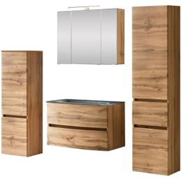 Badezimmer-Set Welltime, B:120cm H:200cm T:49cm, braun, Kastenm&ouml;bel-Sets, "Kaunas", Waschtisch-Set (Breite 80 cm) mit Midischrank und Seitenschrank