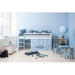 Hochbett Hoppekids, B:101cm H:105cm L:208cm, blau, Kinderbett: 100% Massivholz: Nordische Kiefer, Vorhang: 100% Baumwolle, Jugendzimmer, Hochbetten,