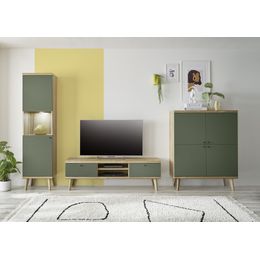 Wohnwand Inosign, B:337cm H:197cm T:40cm, braun, Wohnzimmer, Kastenmöbel-Sets, "MAVAS", in moderner Trendfarbe, Griffe aus Metall (Schwarz), Breite