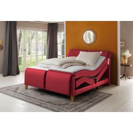 Boxspringbett Home Affaire, B:166cm L:240cm, rot, Holzwerkstoff, Kunstleder, Massivholz, Komplettbetten, "Messina2", Liegekomfort elektrisch