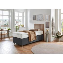 Boxspringbett, L:206cm, grau, Westfalia Schlafkomfort, Kopfteil MDF/Dekor Eiche hell, Boxenbezug: Feinstruktur 100% Polyester, Box: Holzwerkstoff mit