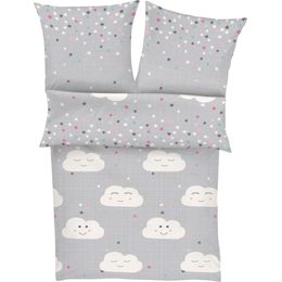 Kinderbettw&auml;sche s.Oliver JUNIOR, grau, Satin, Obermaterial: 100% Baumwolle, Bettw&auml;sche, "Clouds mit Wolken und Sternen", Markenbettw&auml;sche aus 100%