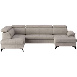 Wohnlandschaft COTTA, B:324cm H:100cm T:207cm, grau, Sofas, "Hudson U-Form", mit Kopfteilverstellung, wahlweise mit Bettfunktion & Bettkasten