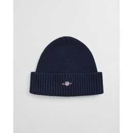Gant Herren Strickmütze "COTTON BLEND LOGO BEANIE", blau, unifarben, Strick, Baumwollmischung, Mützen, Regular fit