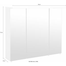 Spiegelschrank Schildmeyer, B:90cm H:75cm T:16cm, wei&szlig;, Badezimmer, Schr&auml;nke, "Profil 16", Breite 90 cm, 3-t&uuml;rig, LED-Beleuchtung,