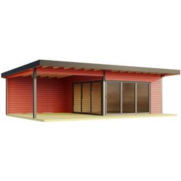 Gartenhaus Lasita Maja, rot, Holzwerkstoff, Gartenh&auml;user, "DOMEO 10 SCHWEDENROT/ANTHRAZIT", mit Anbau, Fundamentmass 4000+4500 x 4500, Schwedenrot