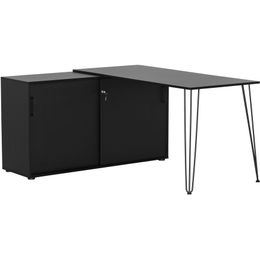 Eckschreibtisch Welltime, B:130,1cm H:73,8cm T:145cm, schwarz, Büro, Tische, "Ekko, Breite 130 cm", Metallbeschläge, Haarnadelfüße, Tischplatte