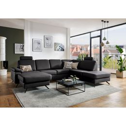 Wohnlandschaft DIE PLANBAR, B:309cm H:104cm T:235cm, schwarz, Sofas, "PN-EM15047 U-Form, mit Kopfstützen", Echtleder, wahlweise mit Bettfunktion u.