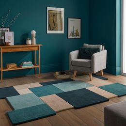 Wollteppich FLAIR RUGS, B:120cm H:11mm L:180cm, blau, Wolle, Teppiche, "Abstract Collage, 100% Wolle", Karo Design, Patchwork, modern, mehrfarbig,