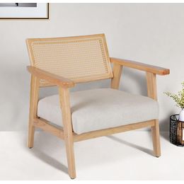 Loungesessel Home Affaire, B:73cm H:72cm T:68cm, beige, rubber wood frame, plywood, foam, fabric, rattan, Wohnzimmer, Sessel, "VILLAINE",