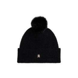 Tommy Hilfiger Damen Bommelm&uuml;tze "POM POM BEANIE", schwarz, unifarben, Strick, Materialmix, M&uuml;tzen, Regular fit mit Bommel