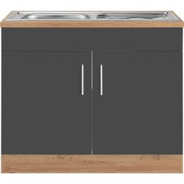 Sp&uuml;lenschrank KOCHSTATION, B:100cm H:85cm T:60cm, grau, Holzwerkstoff, K&uuml;che, Schr&auml;nke, "KS-Colmar", 100 cm, mit Metallgriff