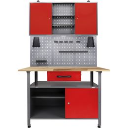 ONDIS24 Werkstatt-Set, B:120cm H:205cm T:60cm, rot, Werkbänke, 120 cm, mit LED