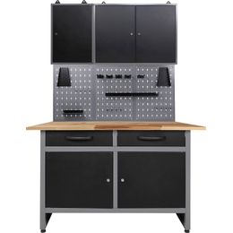 ONDIS24 Werkstatt-Set, B:120cm H:205cm, schwarz, Werkbänke, 120 cm, mit Lochwandsystem inkl. Haken