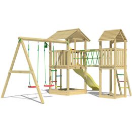 Jungle Gym Kinder Spielturm "Nova", gelb, Holzwerkstoff, B:524cm H:280cm T:350cm, Spieltürme, Spielanlage mit 2 Türmen, Schaukel und Rutsche mit