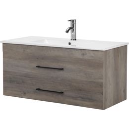 Waschtisch Welltime, B:100cm H:50cm T:46cm, grau, MDF, Badezimmer, Waschtische, "Florenz", Waschplatz mit 2 Ausz&uuml;gen und Softclose Breite 100cm