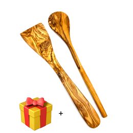 Kochl&ouml;ffel "2tlg. Kochl&ouml;ffel-Set (Kochl&ouml;ffel rund, Pfannenwender ohne L&ouml;cher)", L: 30cm, braun, OLIVENHOLZ-ERLEBEN, Kochl&ouml;ffel, Kochbesteck aus