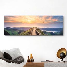 Wandbild Reinders, B:156cm H:52cm, grün, MDF, Wohnzimmer, Bilder, "Wandbild Morgenröte Berge - Sonnenaufgang - Natur"