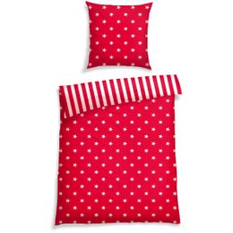 Wendebettw&auml;sche Schiesser, rot, Feinbiber, Obermaterial: 100% Baumwolle, Bettw&auml;sche, "Stars & Stripes aus weicher Baumwolle mit Sternenprint", MADE