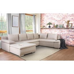 Wohnlandschaft Home Affaire, B:325cm H:83cm T:229cm, beige, 100% Polyester, Sofas, "Acra U-Form", mit Bettfunktion und Bettkasten, in Mattenoptik
