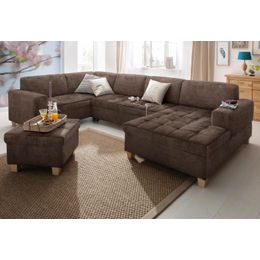 Wohnlandschaft Home Affaire, B:333cm H:80cm T:199cm, braun, Struktur fein (100% Polyester);Chenille (100% Polyester);NaturLEDER (echtes Rindsleder)
