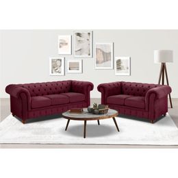 Sitzgruppe Home Affaire, H:74cm T:89cm, rot, Wohnzimmer, Sitzmöbel-Sets, "Chesterfield", hochwertige Knopfheftung, bestehend aus 2- und 3-Sitzer