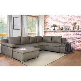 Wohnlandschaft Home Affaire, B:325cm H:83cm T:229cm, grau, 100% Polyester, Sofas, "Acra U-Form", mit Bettfunktion und Bettkasten, in Mattenoptik