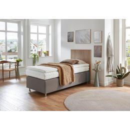 Boxspringbett, L:206cm, beige, Westfalia Schlafkomfort, Kopfteil MDF/Dekor Eiche hell, Boxenbezug: Feinstruktur 100% Polyester, Box: Holzwerkstoff