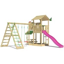 Jungle Gym Jungen Spielturm "Veranda", pink, Holzwerkstoff, B:454cm H:310cm T:437cm, Spieltürme, Spielanlage mit Schaukel, Kletterbock und Rutsche