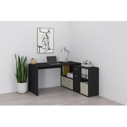 Eckschreibtisch FMD, B:136cm H:74cm T:66,5cm, schwarz, Büro, Tische, "Lexo", Schreibtisch/Sideboard viel Stauraum, beidseitig montierb., 136/205 cm