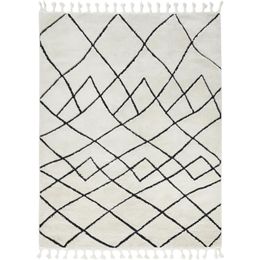 Teppich done., B:80cm H:10mm L:120cm, schwarz-wei&szlig;, Kunstfaser, Wohnzimmer, Teppiche, "LAKE", modernes Scandi Design, Hoch-Tief Effekt, mit Fransen