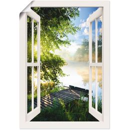 Wandbild Artland, B:50cm H:70cm, weiß, Wohnzimmer, Bilder, "Fensterblick Angelsteg am Fluss", als Alubild, Outdoorbild, Leinwandbild, Poster,