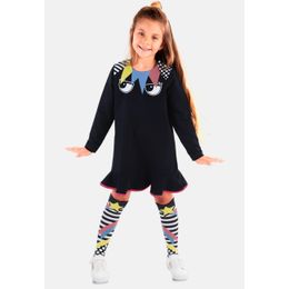 DENOKIDS Mädchen Shirtkleid "Eyes", blau, Gr. 98, bedruckt, 92% Baumwolle, 8% Elasthan, Kleider, mit Rüschen am Saum