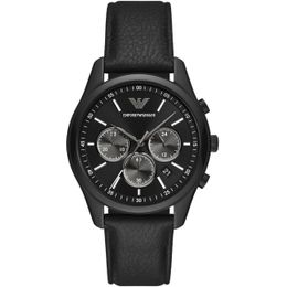 Emporio Armani Damen Chronograph, schwarz, Armbanduhren, Quarzuhr, Armbanduhr, Herrenuhr, Stoppfunktion, Lederarmband, Datum