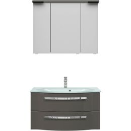 Badm&ouml;bel-Set SAPHIR, grau, Holzwerkstoff, Kastenm&ouml;bel-Sets, "Serie 4005, vormontiert, Glaswaschbecken, Spiegelschrank", Badezimmer-Set mit