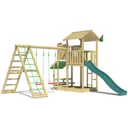 Jungle Gym Jungen Spielturm "Veranda", grün, Holzwerkstoff, B:454cm H:310cm T:437cm, Spieltürme, Spielanlage mit Schaukel, Kletterbock und Rutsche