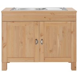 Sp&uuml;lenschrank Home Affaire, B:100cm H:85cm T:60cm, beige, Massivholz, K&uuml;che, Schr&auml;nke, "Oslo", 100 cm breit, in 2 Tiefen, inklusive Einbausp&uuml;le aus