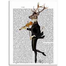 Wandbild Artland, B:60cm H:80cm, weiß, Leinwand, Wohnzimmer, Bilder, "Tanzender Hirsch mit Violine", als Leinwandbild, Poster, Wandaufkleber in
