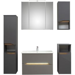 Badmöbel-Set SAPHIR, grau, Kastenmöbel-Sets, "Quickset 5-teilig, Keramik-Waschtisch und LED-Spiegelschrank", Midischrank, Unterschrank, Hängeschrank,