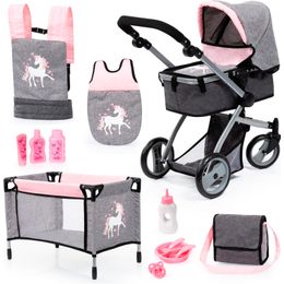 BAYER Jungen Puppenwagen "Mega grau/rosa", rosa, Kunststoff, Metall, Stoff, B:36cm H:72cm T:70cm, Puppenwagen, mit Reisebett, Schlafsack,