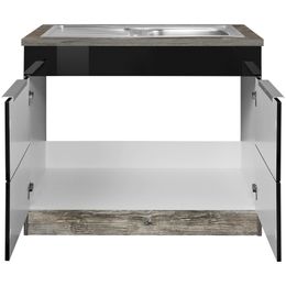 Sp&uuml;lenschrank KOCHSTATION, B:100cm H:85cm T:60cm, schwarz, Holzwerkstoff, MDF, K&uuml;che, Schr&auml;nke, "KS-Brindisi", 100 cm breit, inklusive Einbausp&uuml;le