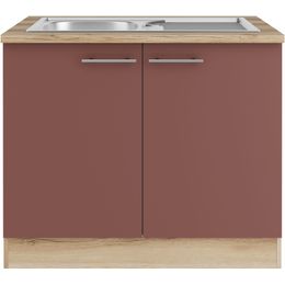 Sp&uuml;lenschrank Optifit, B:100cm H:84,8cm T:60cm, rot, Spanplatte, K&uuml;che, Schr&auml;nke, "Bella", Breite 100 cm, mit Edelstahl-Einbausp&uuml;le