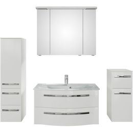 Badmöbel-Set SAPHIR, weiß, Holzwerkstoff, Kastenmöbel-Sets, "Serie 4005, vormontiert, Glaswaschbecken, Spiegelschrank", Badezimmer-Set mit