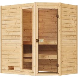 Weka Sauna "Massivholzsauna VALIDA Eck 1", Saunaofen, externe Steuerung, 7,5 kW, beige, Saunen, Blockbohlen, moderne Ganzglast&uuml;r