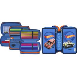 Scooli Kinder Federmäppchen "Tripledecker, Hot Wheels", bunt, Polyester, Schreibgeräteetuis, befüllt, inklusive Geodreieck
