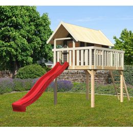 Akubi Kinder Spielturm "Fidel", grau, Holzwerkstoff, B:198cm H:329,5cm T:243cm, Spieltürme, BxTxH: 198x243x330 cm, terragrau mit Rrutsche in rot