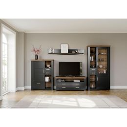 Wohnwand, B:370cm H:207cm T:51cm, grau, SET ONE BY Musterring, Spanplatte, Wohnzimmer, Kastenmöbel-Sets, "York", Kombination mit 4 Teilen, in 3