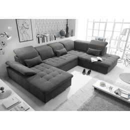 Wohnlandschaft, B:340cm H:104cm T:240cm, grau, ED EXCITING DESIGN, 95% Polyester, 5% Nylon, Sofas, "Wayne U-Form mit Bettfunktion, Bettkasten", Arm-