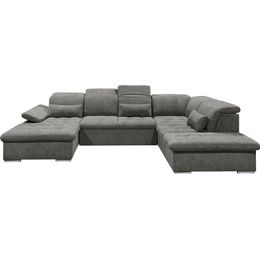 Wohnlandschaft, B:340cm H:104cm T:240cm, grau, ED EXCITING DESIGN, 95% Polyester, 5% Nylon, Sofas, "Wayne U-Form mit Bettfunktion, Bettkasten", Arm-